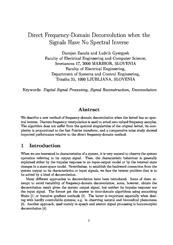 Pdf Direct Frequency Domain Deconvolution When The Signals Have No