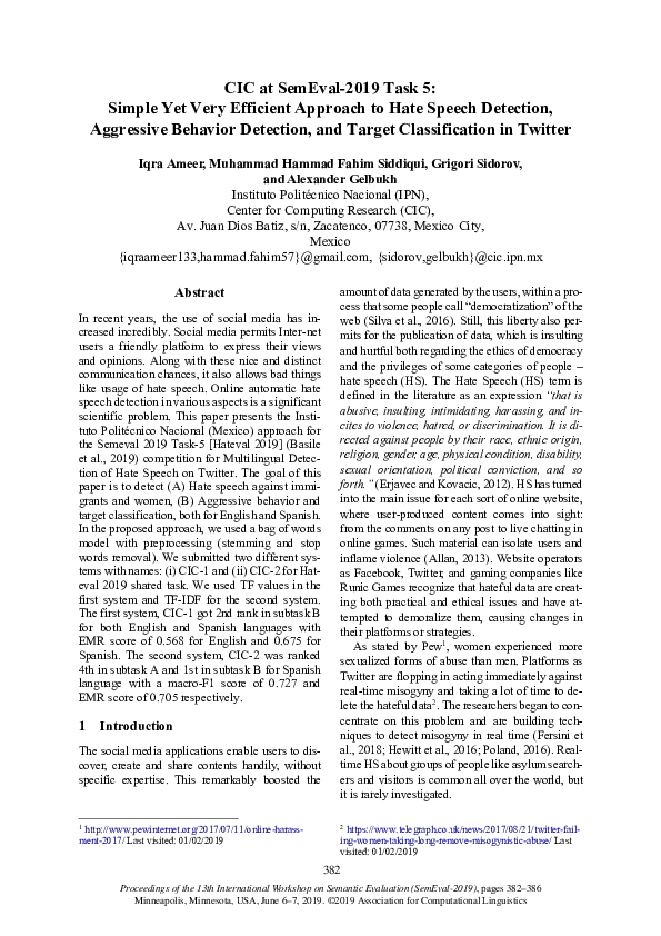 Pdf Cic At Semeval 2019 Task 5 Simple Yet Very Efficient Approach To Hate Speech Detection