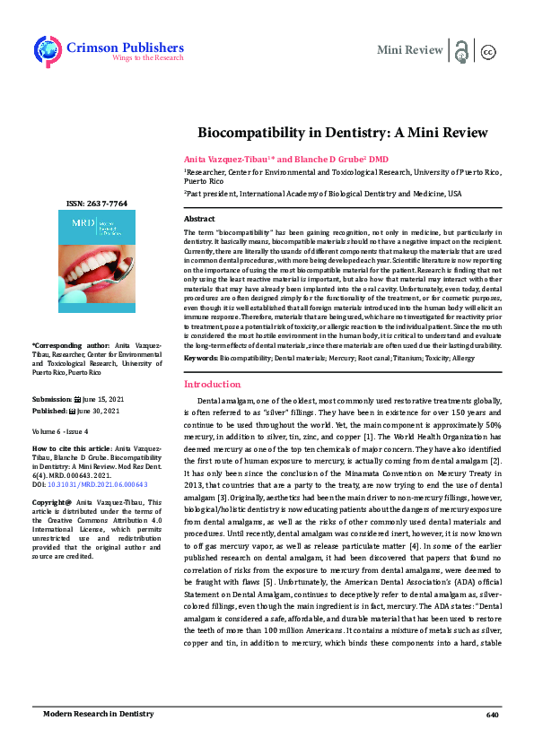 (PDF) Biocompatibility in Dentistry: A Mini Review