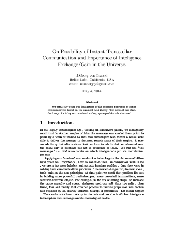 (PDF) On Possibility of Instant Transstellar Communication and ...