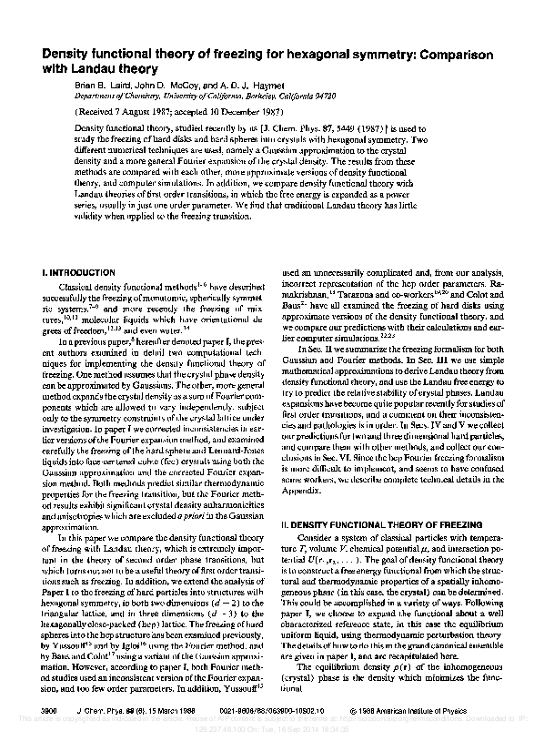 Pdf Density Functional Theory Of Freezing For Hexagonal Symmetry