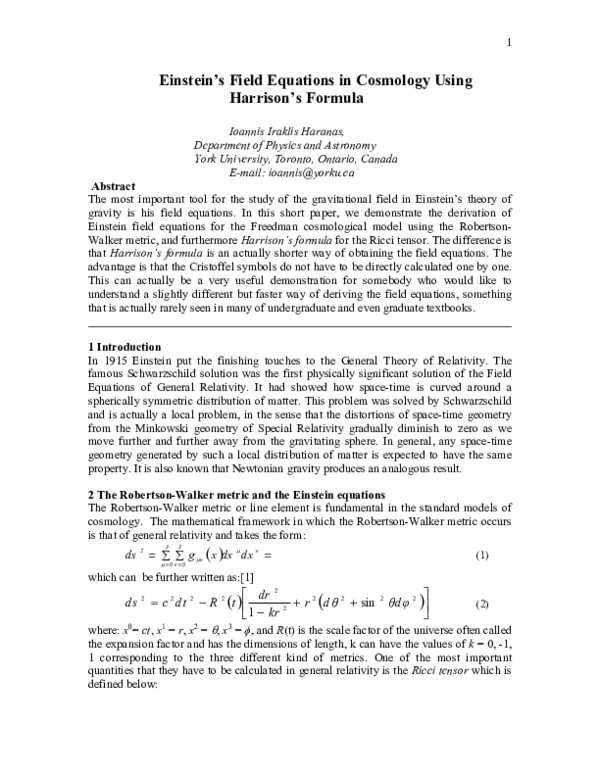 (PDF) Einstein's Field Equations in Cosmology Using Harrison's Formula