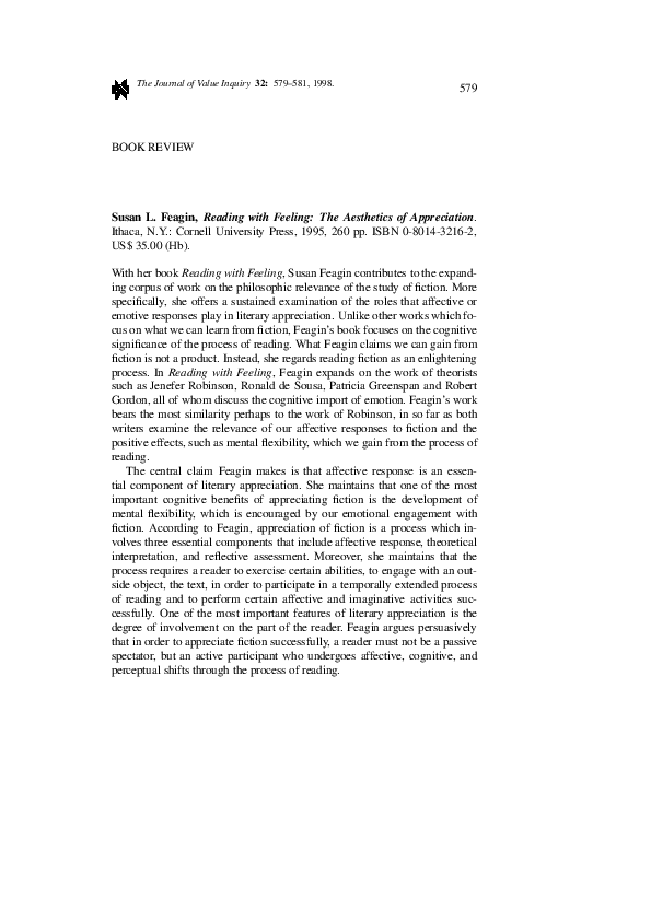 (PDF) Susan L. Feagin: Reading With Feeling: The Aesthetics of Appreciation