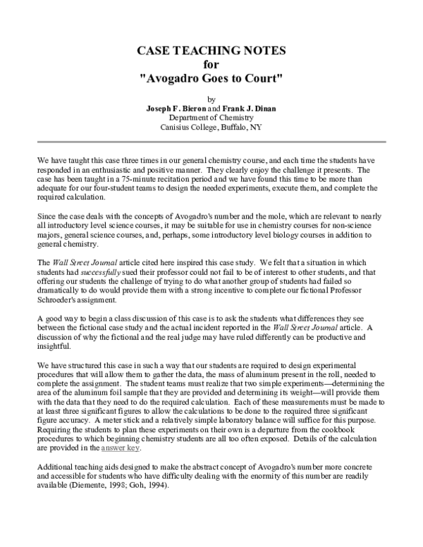 (PDF) CASE TEACHING NOTES for "Avogadro Goes to Court