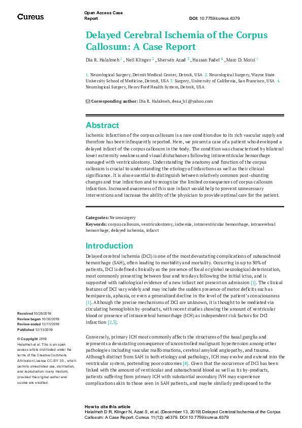 (PDF) Delayed Cerebral Ischemia of the Corpus Callosum: A Case Report