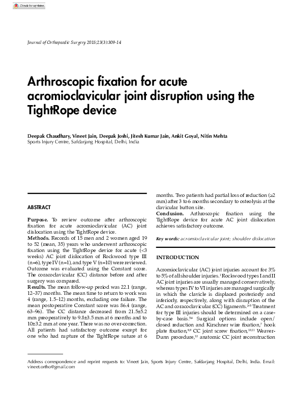 (PDF) Arthroscopic fixation for acute acromioclavicular joint ...