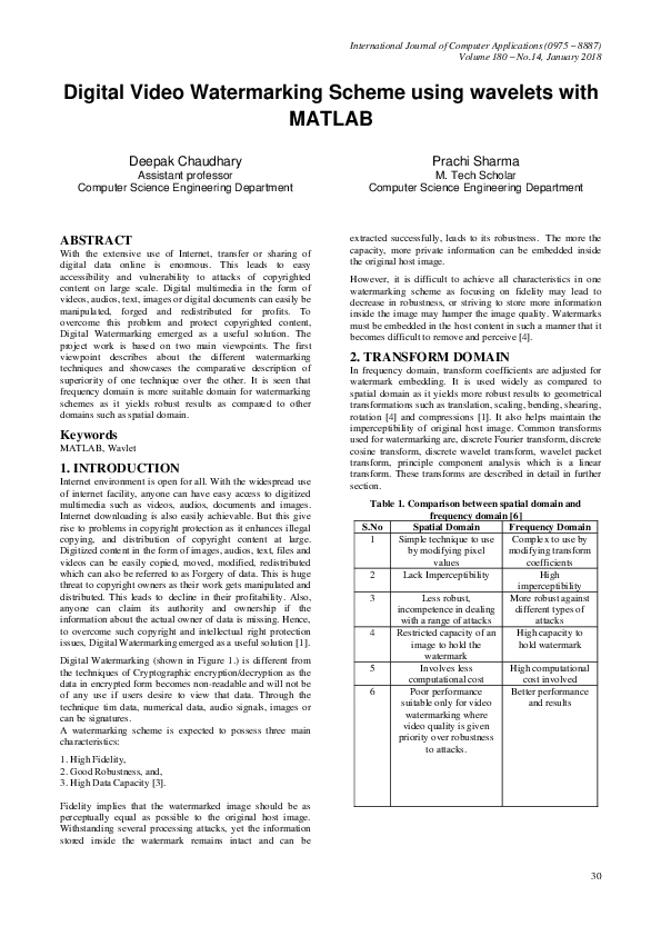 (PDF) Digital Video Watermarking Scheme using wavelets with MATLAB