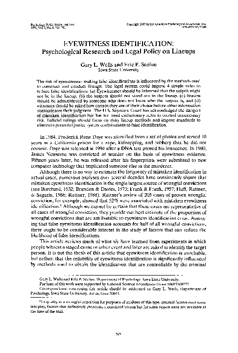 (PDF) Eyewitness identification: Psychological research and legal ...