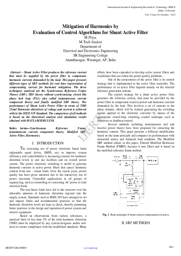 (PDF) IJERT-Mitigation of Harmonics by Evaluation of Control Algorithms for Shunt Active Filter