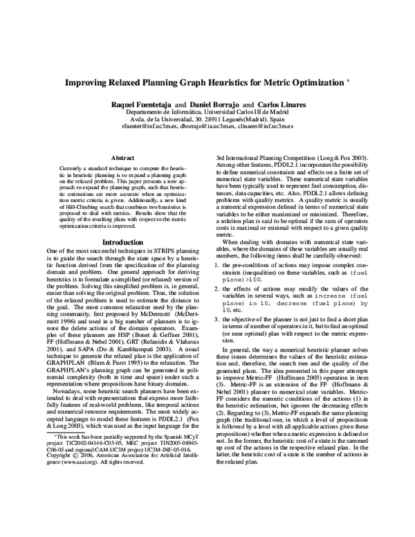(PDF) Improving relaxed planning graph heuristics for metric optimization