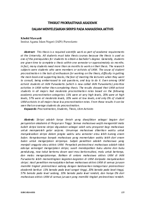 (PDF) Tingkat Prokrastinasi Akademik Dalam Menyelesaikan Skripsi Pada Mahasiswa Aktivis