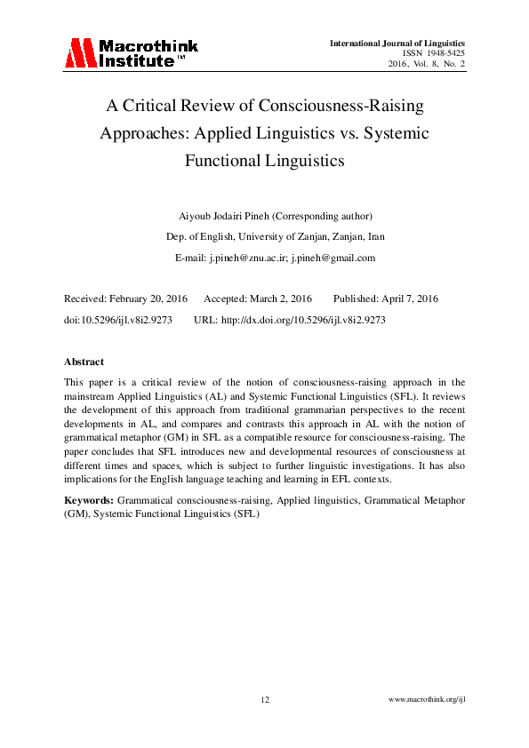(PDF) A Critical Review of Consciousness-Raising Approaches: Applied ...