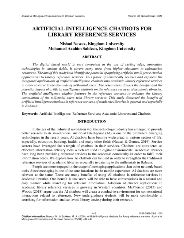 (PDF) ARTIFICIAL INTELLIGENCE CHATBOTS FOR LIBRARY REFERENCE SERVICES