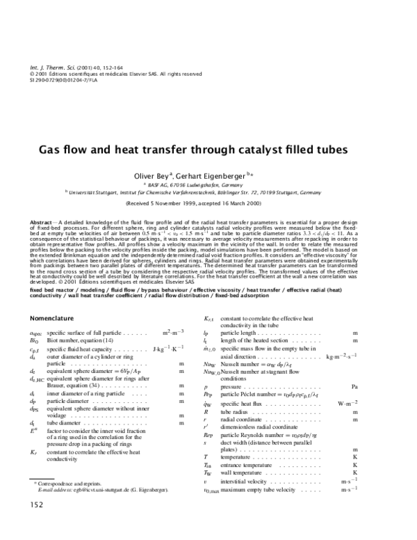 (PDF) Gas flow and heat transfer through catalyst filled tubes