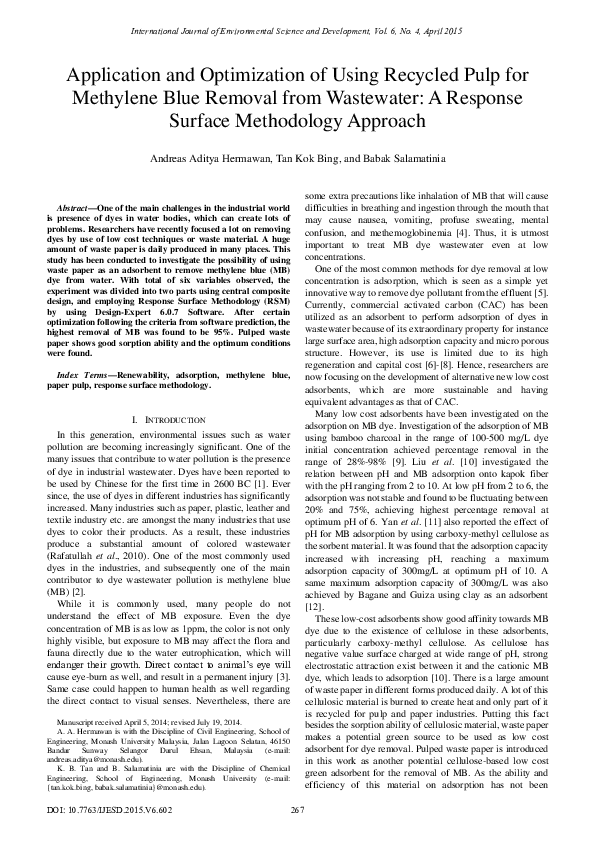 (PDF) Application and optimization of using recycled pulp for Methylene Blue Removal from ...