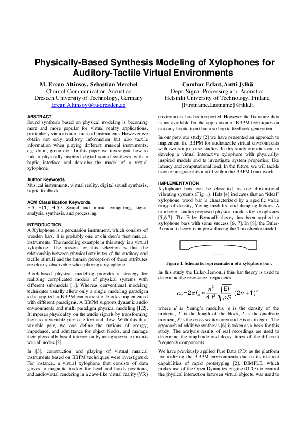 (PDF) Physically-Based Synthesis Modeling of Xylophones for Auditory-Tactile Virtual Environments