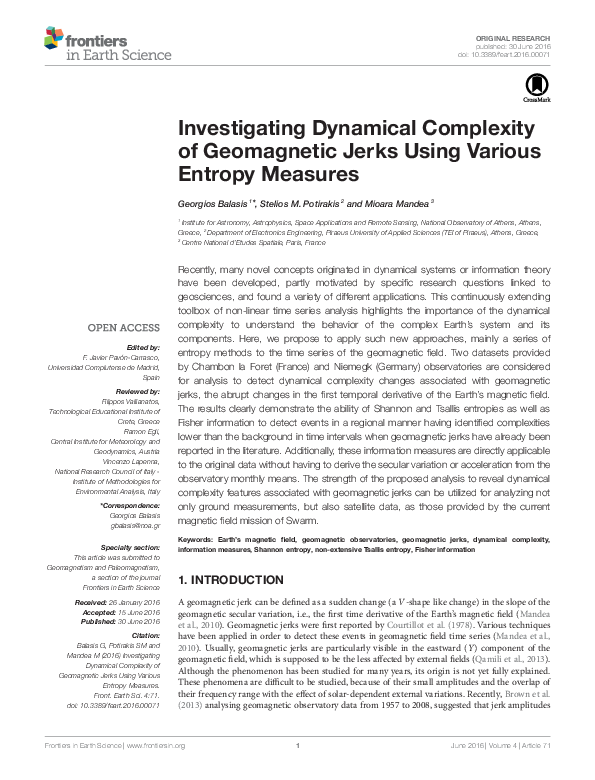 Pdf Investigating Dynamical Complexity Of Geomagnetic Jerks Using