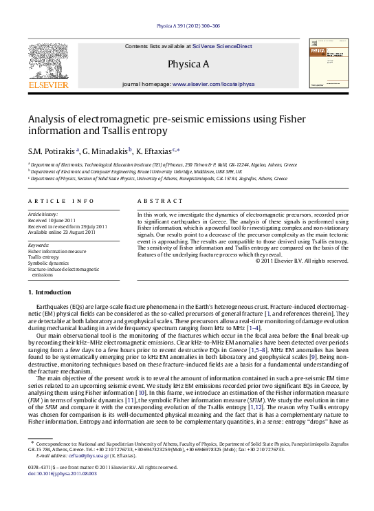 (PDF) Analysis of electromagnetic pre-seismic emissions using Fisher information and Tsallis entropy