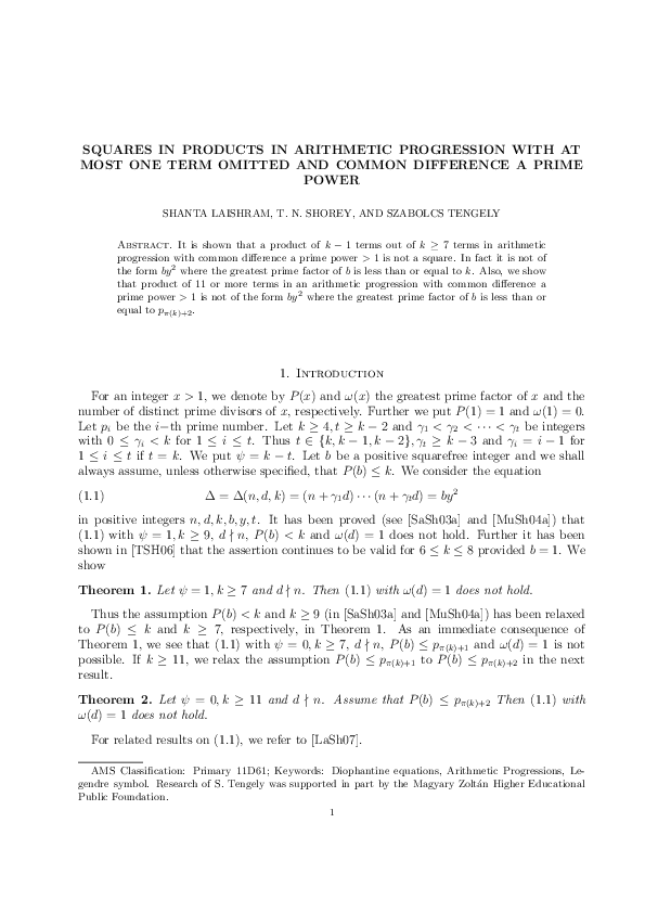 (PDF) Squares in products in arithmetic progression with at most one term omitted and common ...