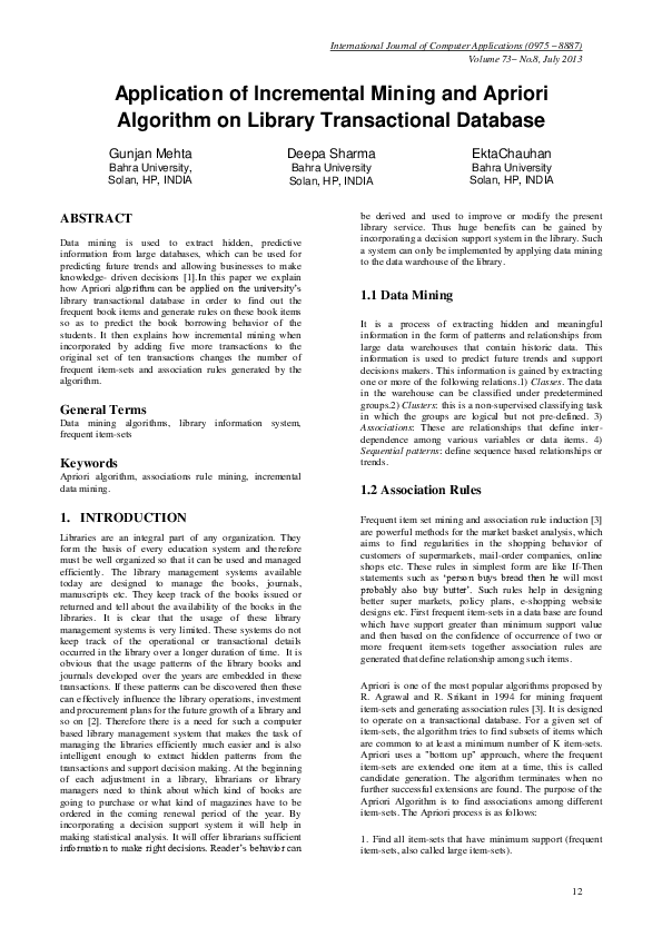 Pdf Application Of Incremental Mining And Apriori Algorithm On Library Transactional Database