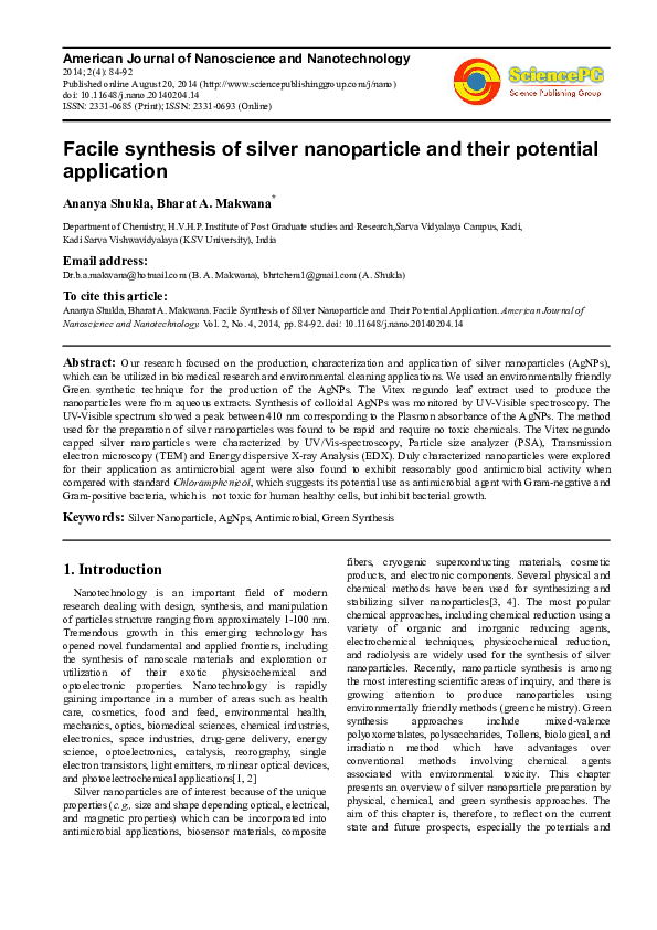 (PDF) Facile synthesis of silver nanoparticle and their potential application