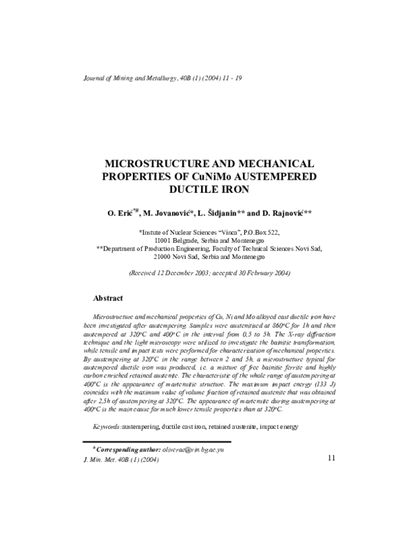 (PDF) Microstructure and mechanical properties of CuNiMo austempered ductile iron