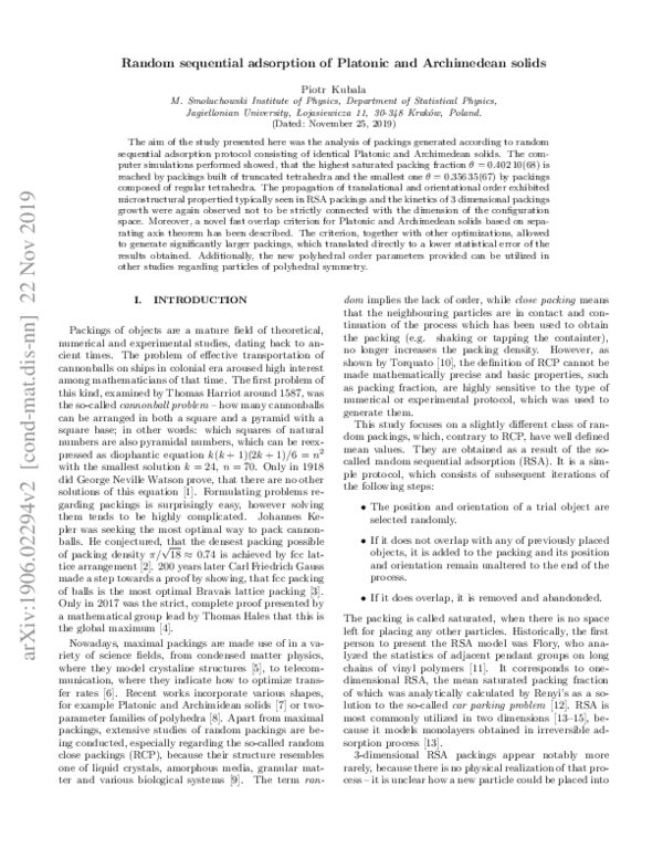 (PDF) Random sequential adsorption of Platonic and Archimedean solids