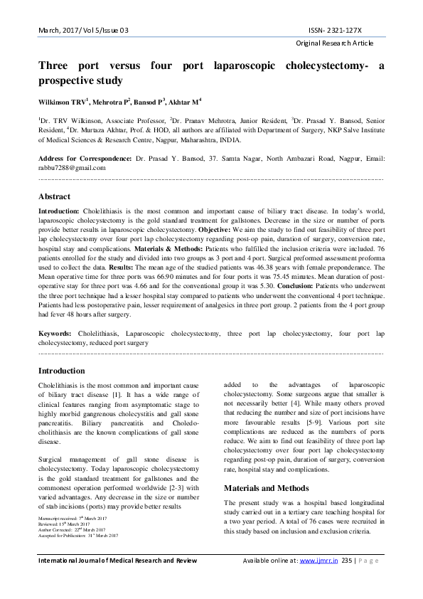 (PDF) Three port versus four port laparoscopic cholecystectomy- a prospective study