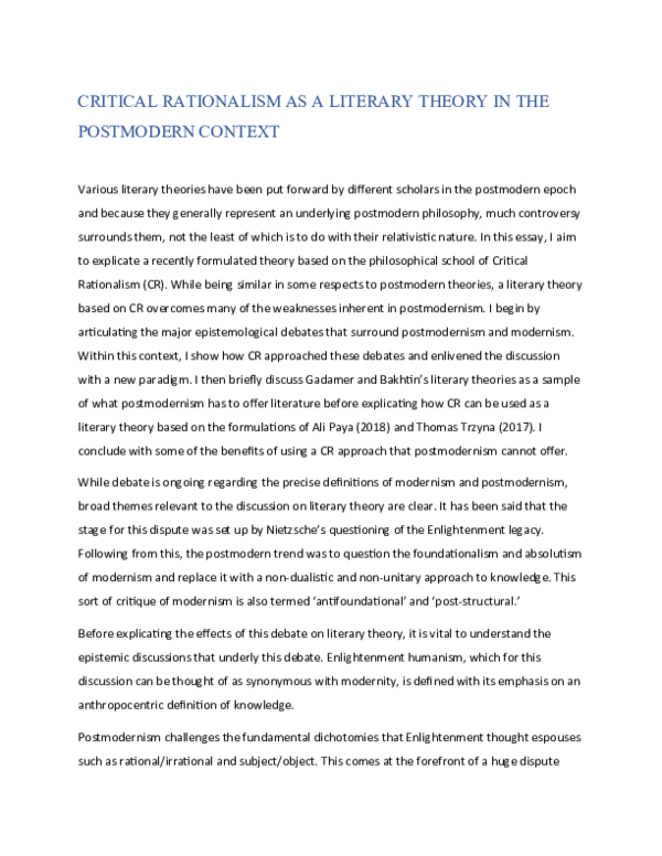 (DOC) CRITICAL RATIONALISM AS A LITERARY THEORY IN THE POSTMODERN CONTEXT