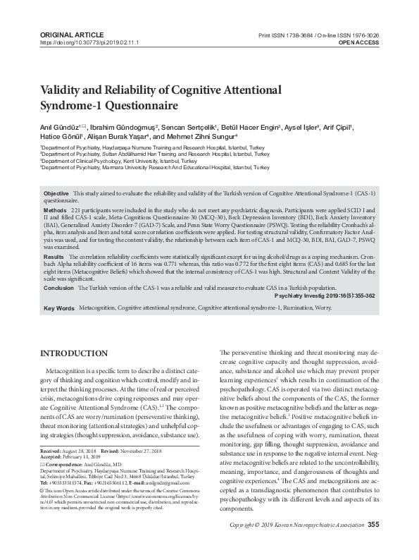 Pdf Validity And Reliability Of Cognitive Attentional Syndrome 1 Questionnaire