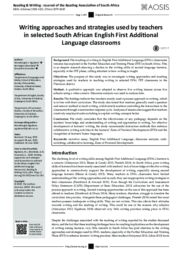 (PDF) Writing approaches and strategies used by teachers in selected ...