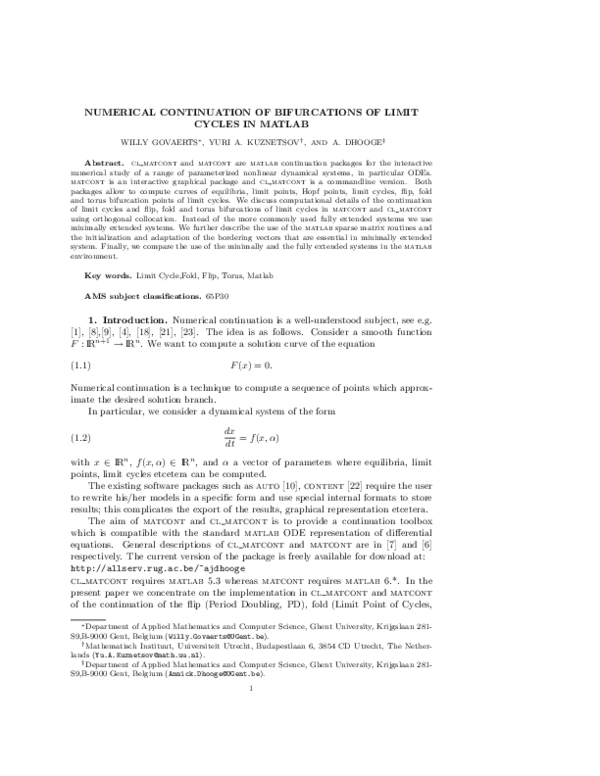 (PDF) Numerical Continuation of Bifurcations of Limit Cycles in MATLAB