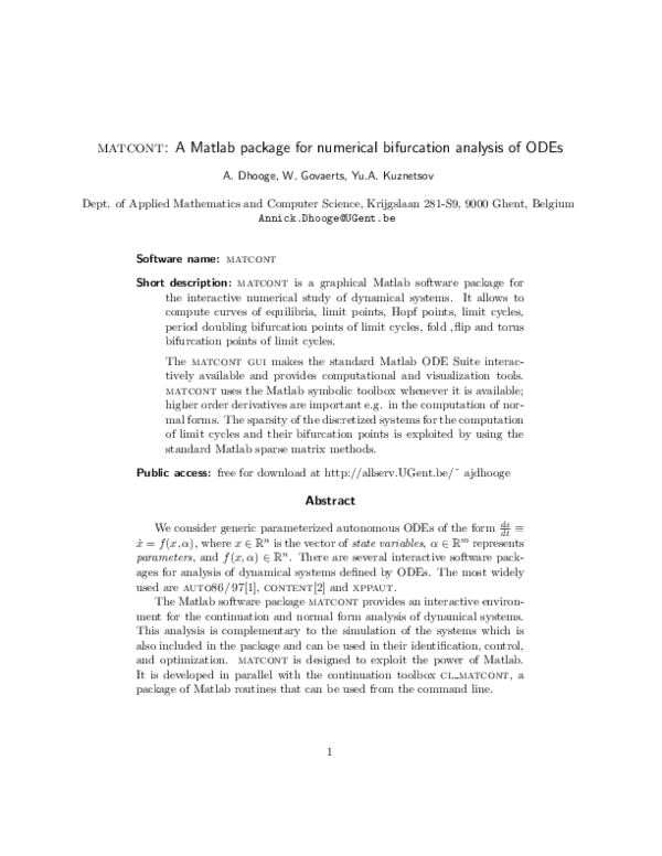 (PDF) MATCONT: A MATLAB package for numerical bifurcation analysis of ODEs