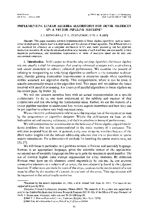 Pdf Implementing Linear Algebra Algorithms For Dense Matrices On A Vector Pipeline Machine