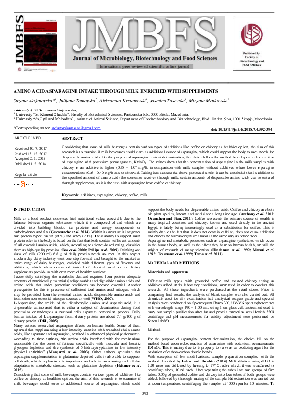(PDF) Amino Acid Asparagine Intake Through Milk Enriched with Supplements