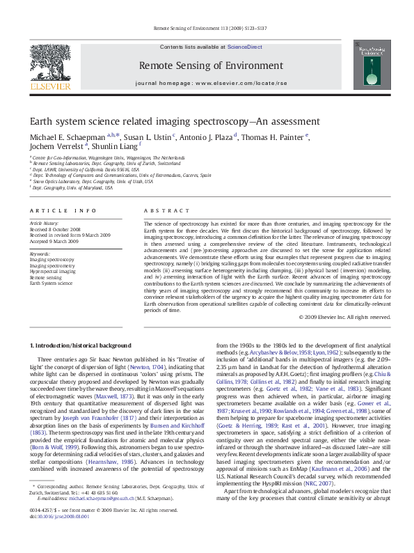 (PDF) Earth system science related imaging spectroscopy—An assessment