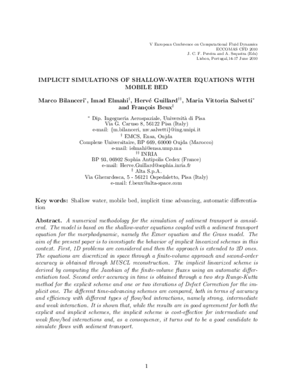 Pdf Implicit Simulations Of Shallow Water Equations With Mobile Bed