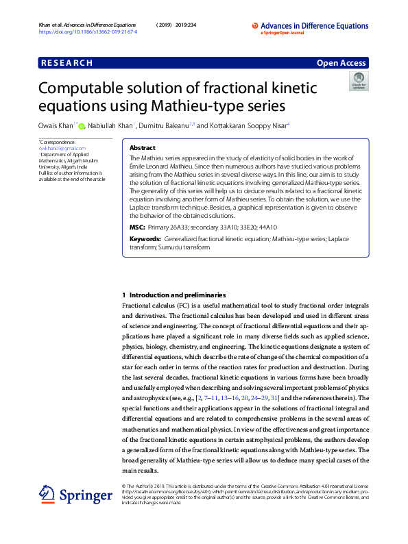 (PDF) Computable solution of fractional kinetic equations using Mathieu ...