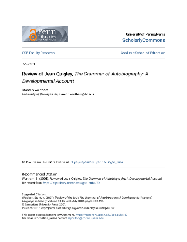(PDF) Review of Jean Quigley, The Grammar of Autobiography: A ...