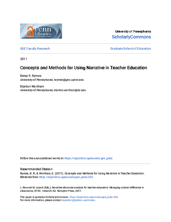 (PDF) Concepts and Methods for Using Narrative in Teacher Education