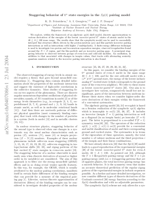 (PDF) Staggering behavior of 0+ state energies in the Sp(4) pairing model