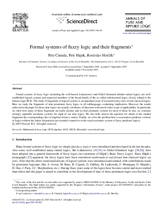 (PDF) Formal systems of fuzzy logic and their fragments