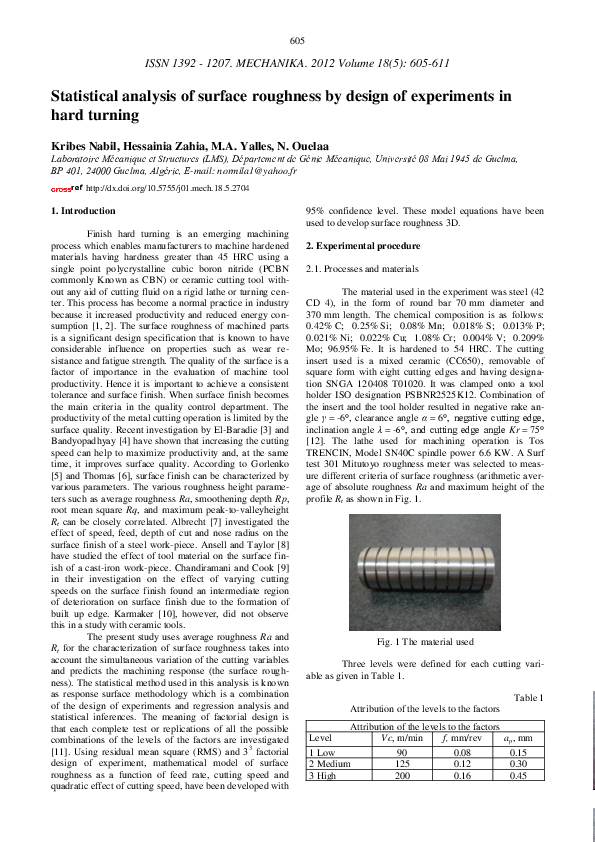 Pdf Statistical Analysis Of Surface Roughness By Design Of Experiments In Hard Turning