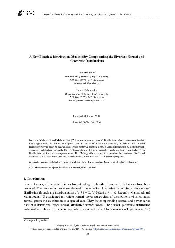 (PDF) A New Bivariate Distribution Obtained by Compounding the Bivariate Normal and Geometric ...