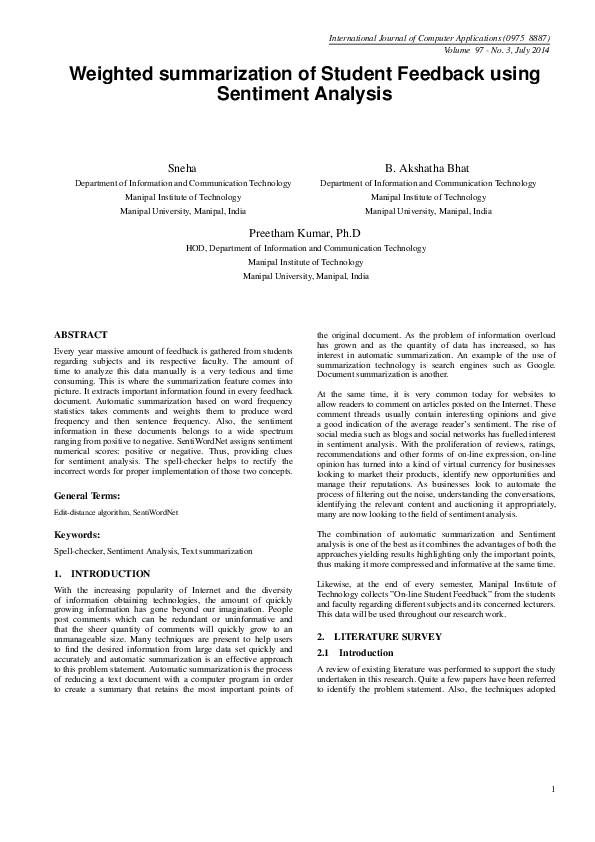 (PDF) Weighted Summarization of Student Feedback using Sentiment Analysis