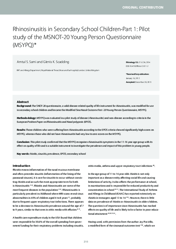 (PDF) Rhinosinusitis in secondary school children-part 1: pilot study ...