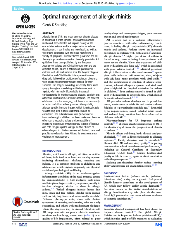 (PDF) Optimal management of allergic rhinitis