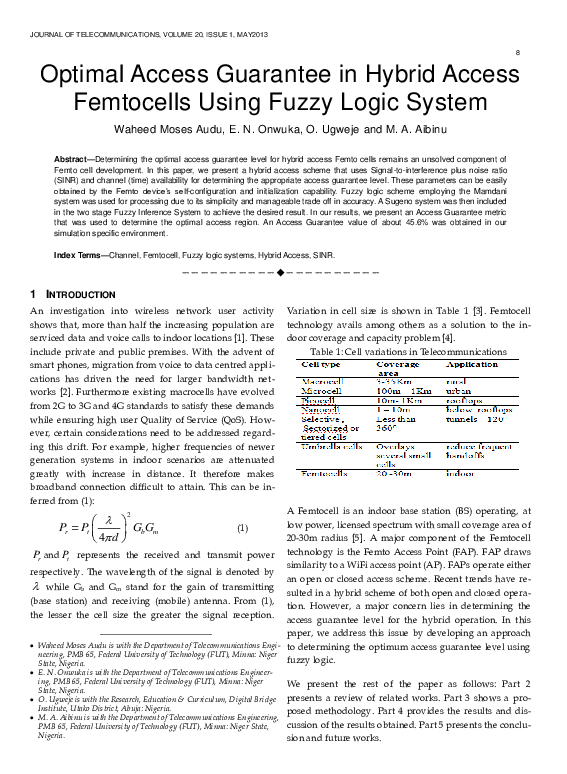 Pdf Optimal Access Guarantee In Hybrid Access Femtocells Using Fuzzy Logic System