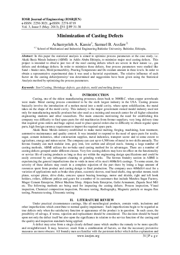 (PDF) Minimization of Casting Defects