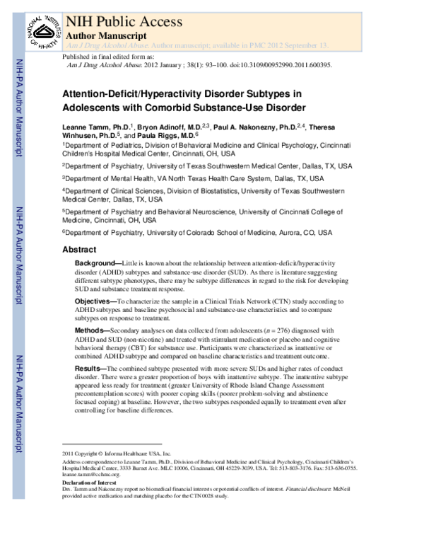 (PDF) Attention-Deficit/Hyperactivity Disorder subtypes and substance use and use disorders in ...